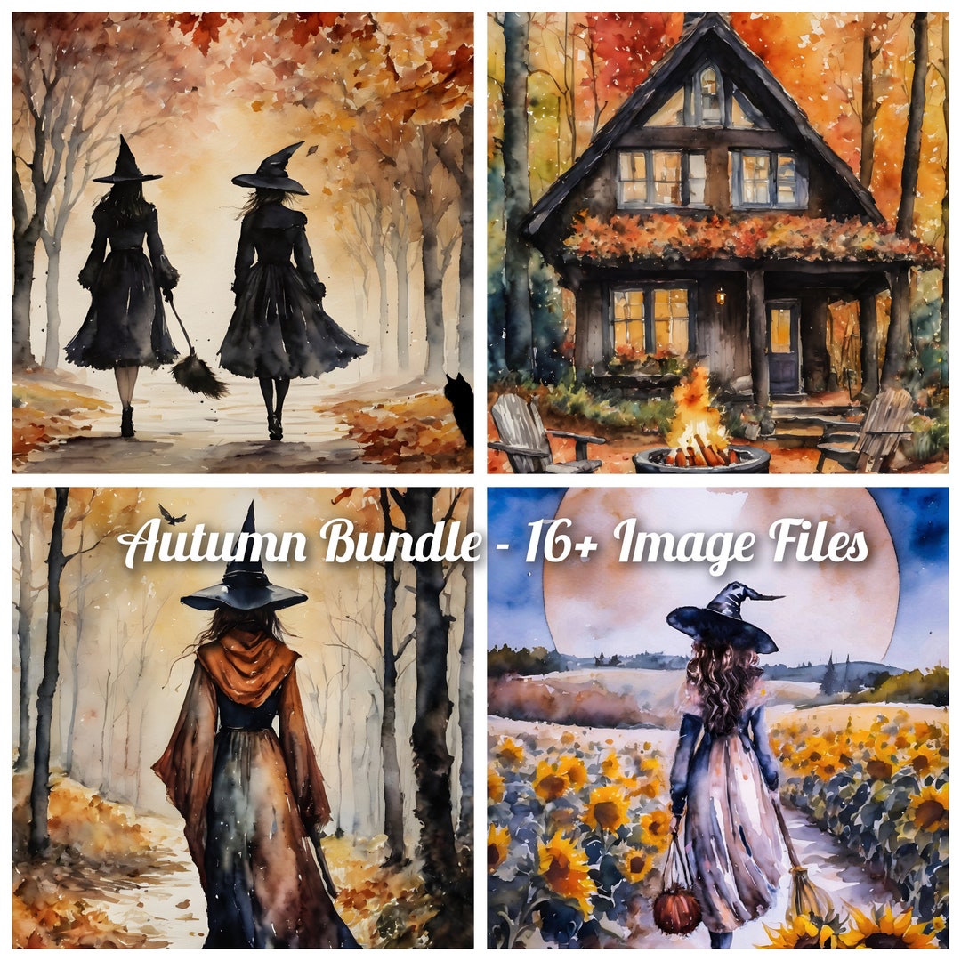 Autumn Witches Watercolor Art Prints: 16+ Image Bundle (digital ...