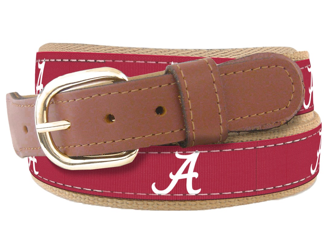 Alabama Crimson Tide Men's Collegiate Woven Ribbon Belt. Tan Full Grain ...