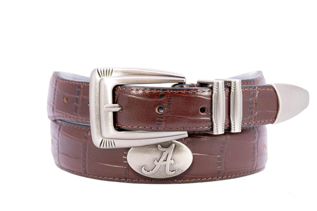 Alabama Crimson Tide Men's Collegiate Leather Belt. Alabama Gift. Bama Belt. Brown Croc Pattern ...