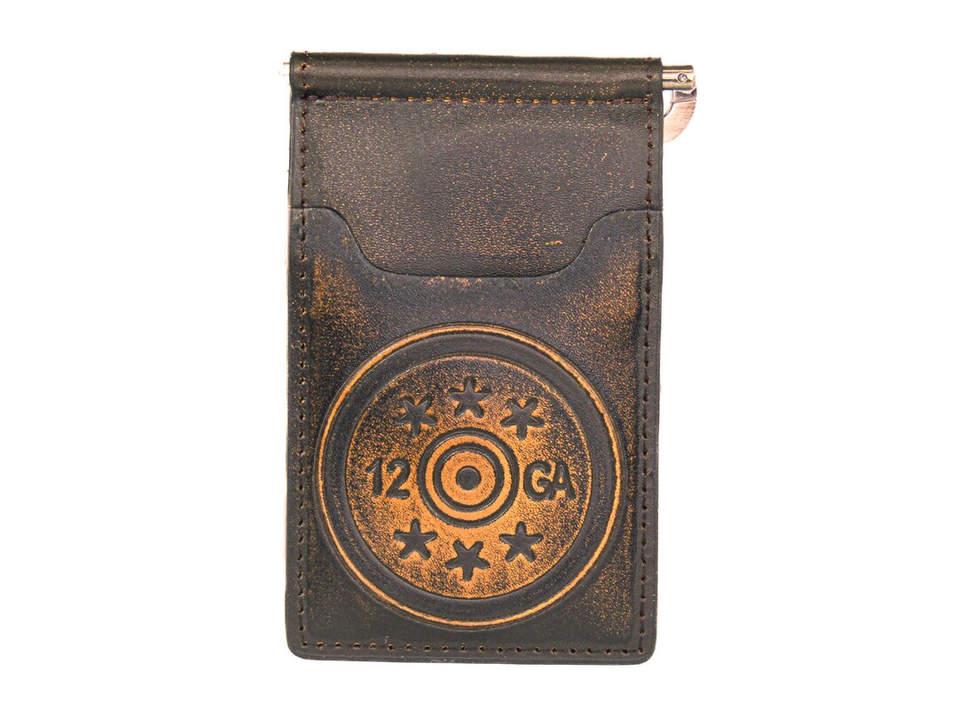 Shotshell Men's Front Pocket Clip Leather Wallet. Brown Burnished Full ...