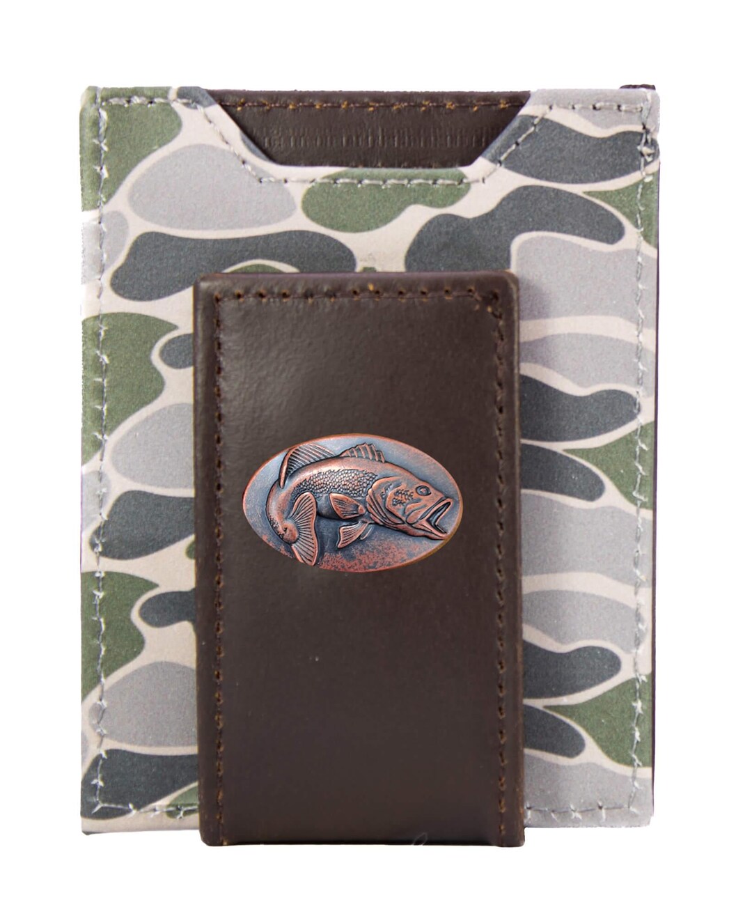 Bass Men's Magnetic Front Pocket Old School Camo Leather Wallet. Full ...