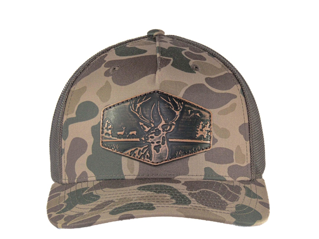 Buck Old School Camo Trucker Hat. Hand Burnished Full Grain Leather Patch. 5-panel Richardson ...