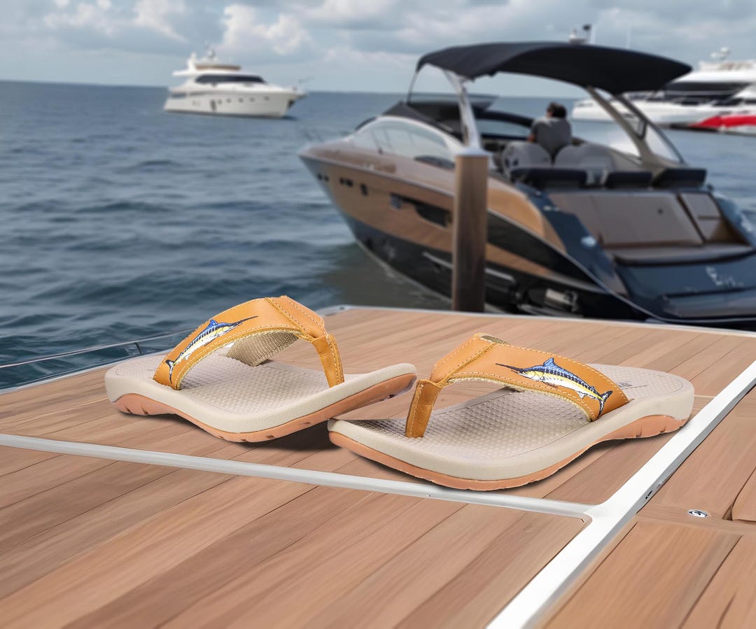 Marlin Men's Fishing Sandal, Tan Leather Strap Boating Flip Flop ...