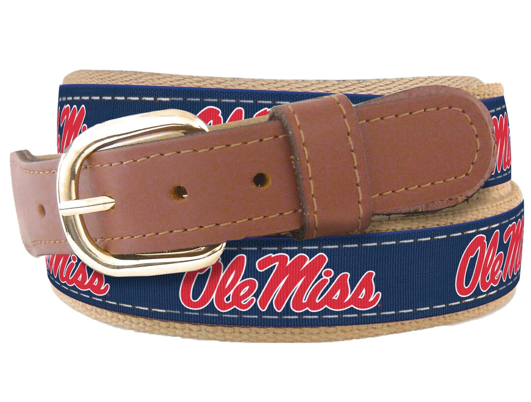 Ole Miss Rebels Men's Collegiate Woven Ribbon Belt. Tan Full Grain ...