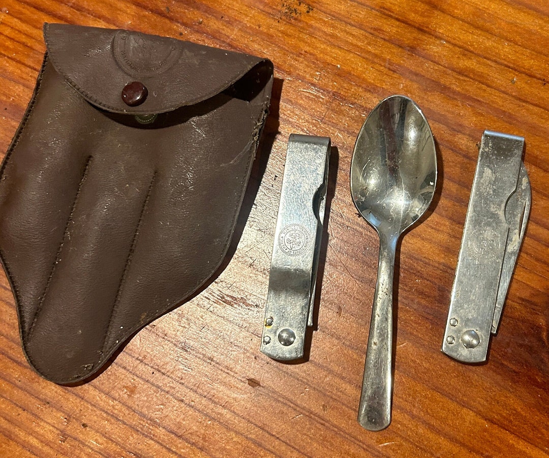 Boy Scouts of America Spoon, Folding Fork & Knife Kit W/ Leather Case ...