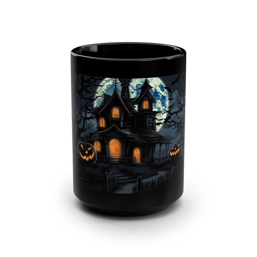 Spooky Haunted House Halloween Mug, Eerie Haunted Mansion Moonlit Night ...