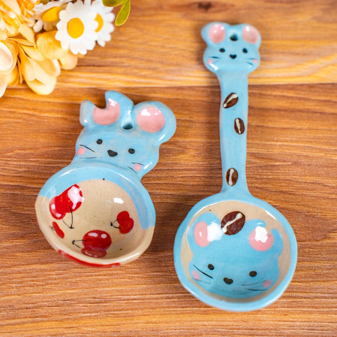 Cheerful Mouse Spoon Duo | Handmade Cute Blue Mouse Ceramic Spoon Set ...