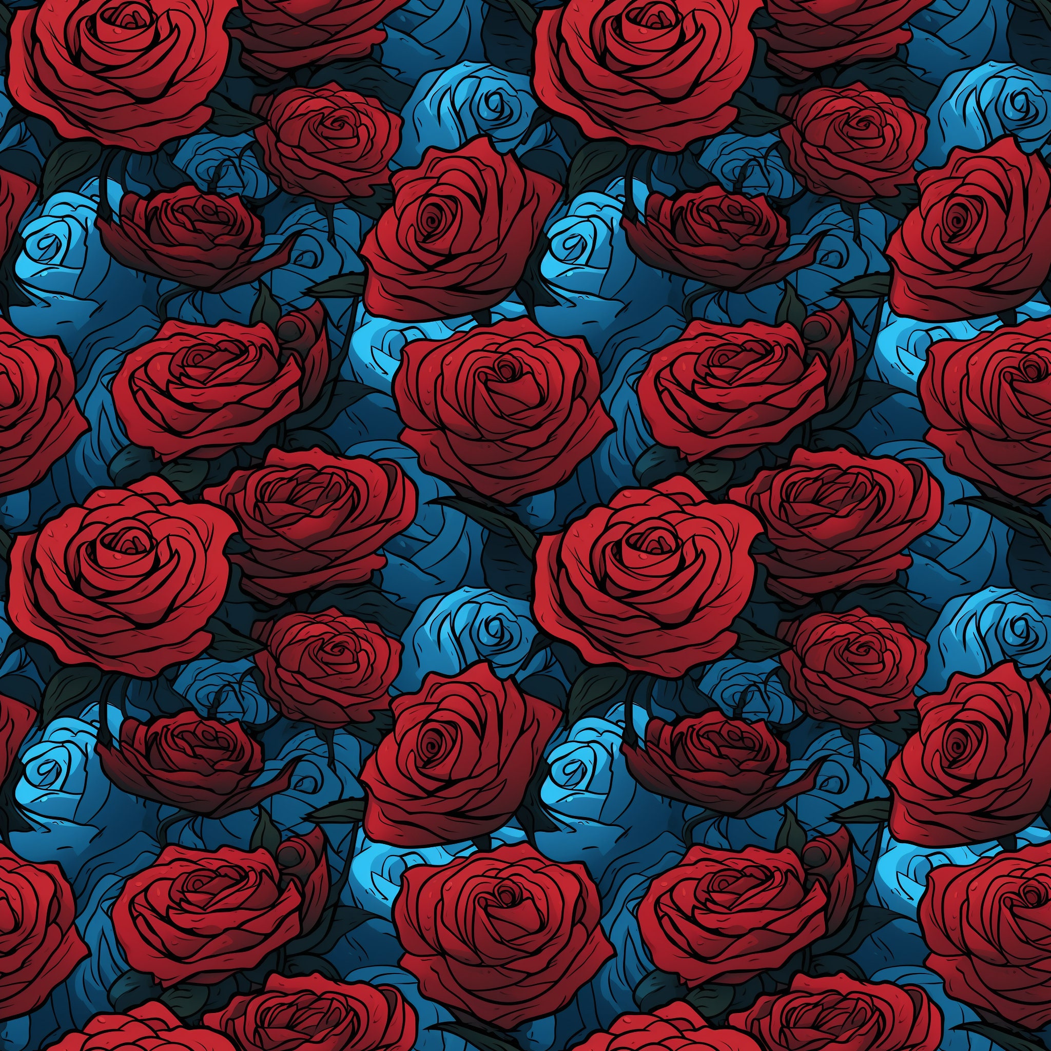 Anime Red & Blue Roses Seamless Pattern - Romantic Floral Design - Etsy