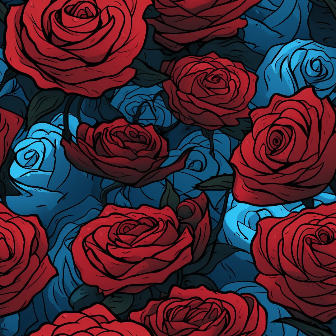 Anime Red & Blue Roses Seamless Pattern - Romantic Floral Design - Etsy