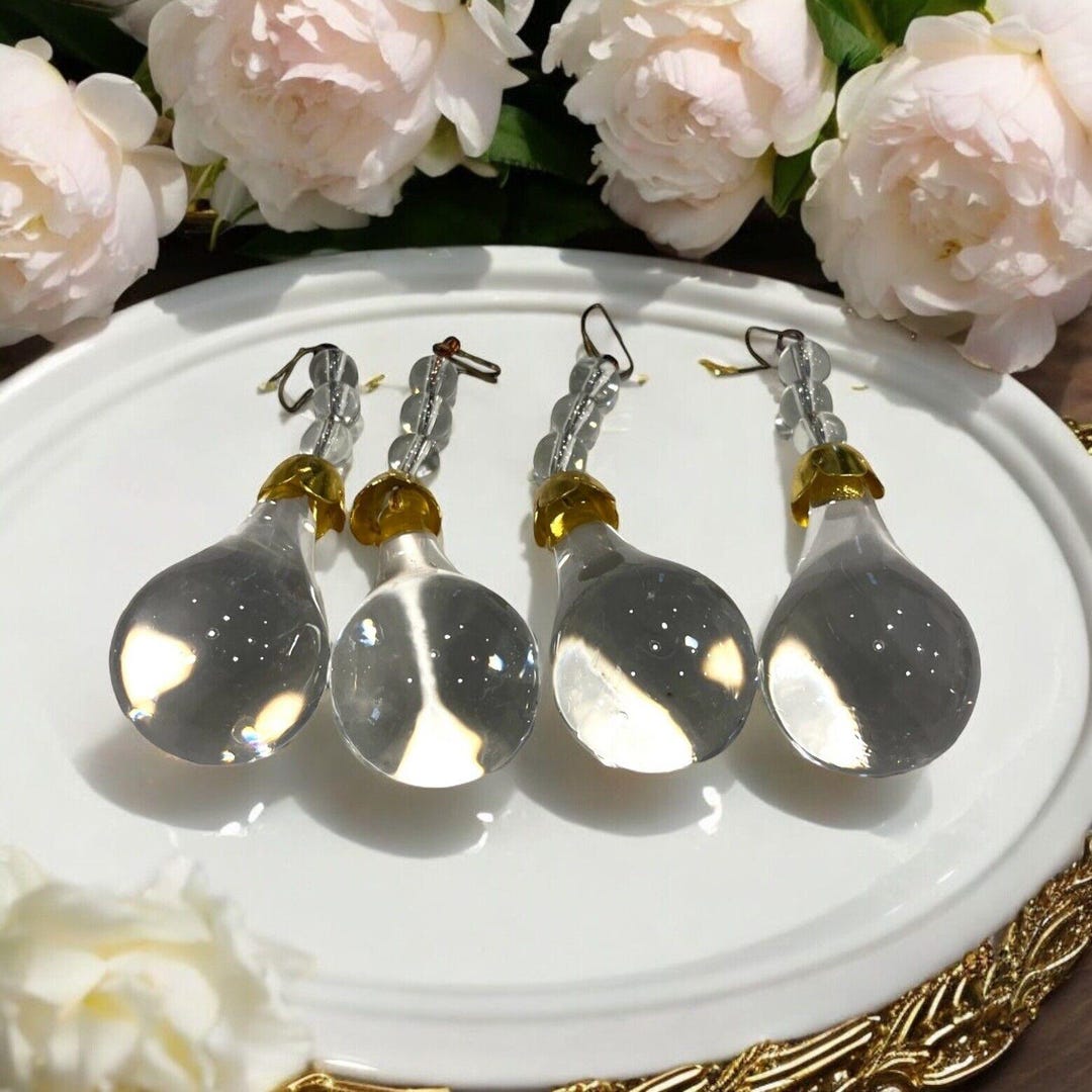 Vtg Crystal Ball Teardrop Chandelier Lamp Replacement Part Clear Glass ...