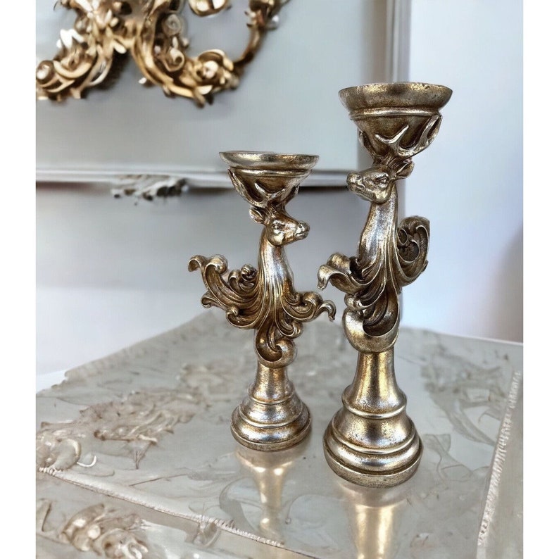 Stag Reindeer Candlestick Pair Gold/silver Patina Christmas Staggered ...
