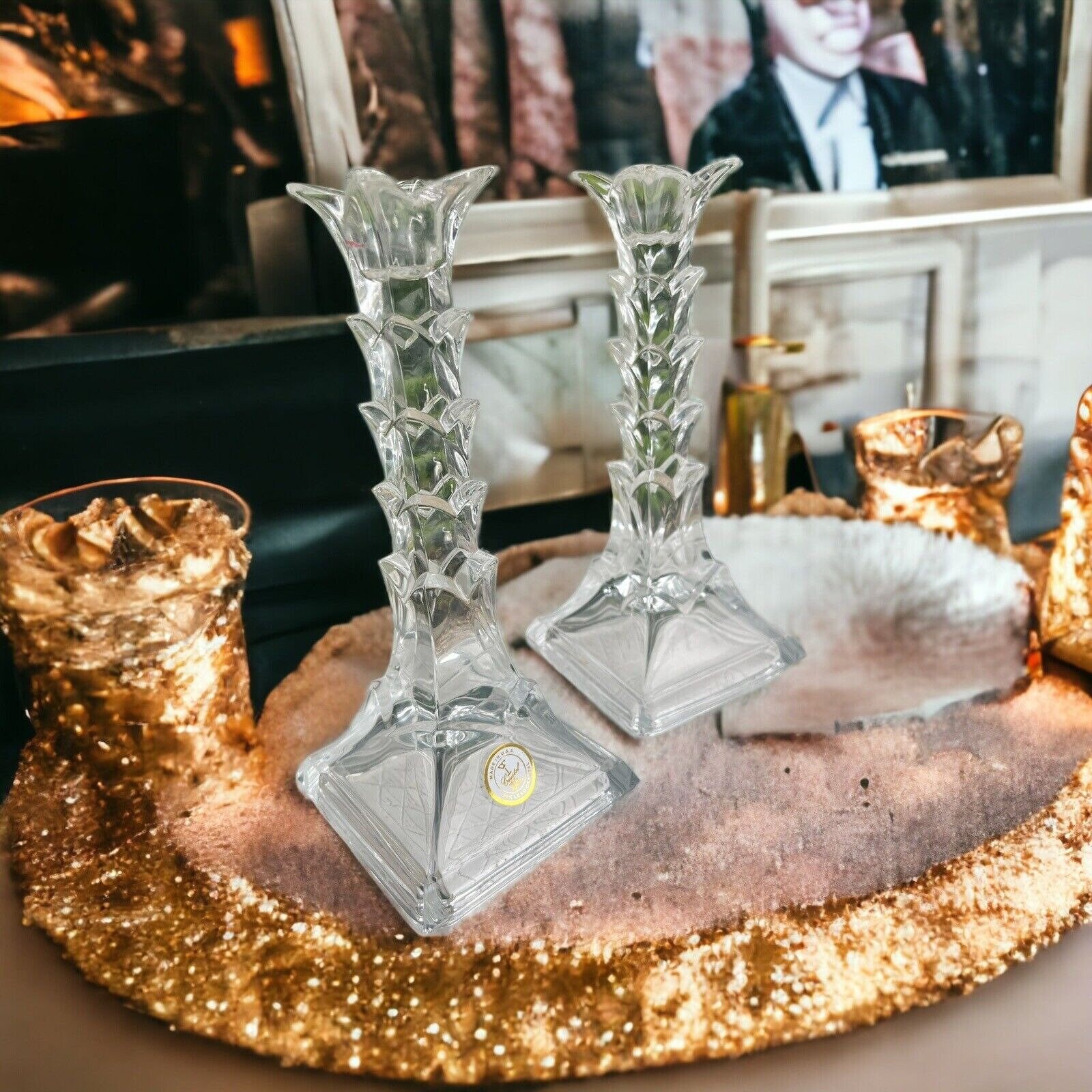 Pair of 2 Crystal Palms 8" Crystal Candlesticks Taper Holders Vintage ...