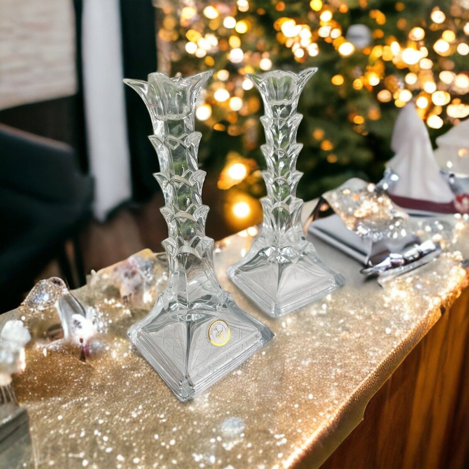 Pair of 2 Crystal Palms 8" Crystal Candlesticks Taper Holders Vintage ...