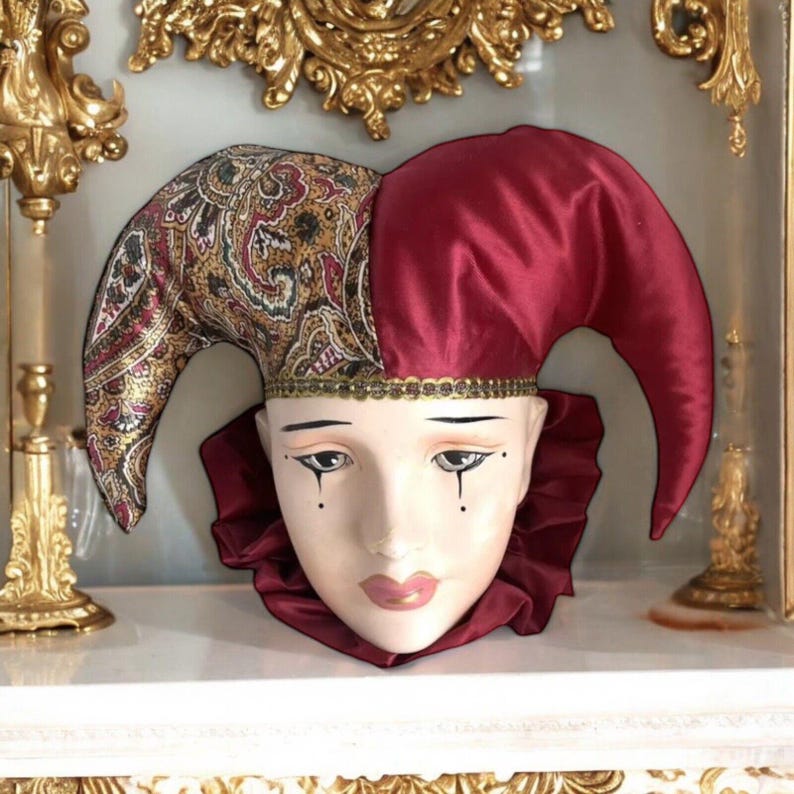 Vintage Mardi Gras Jester Doll Mask Harlequin Face Porcelain Clown ...