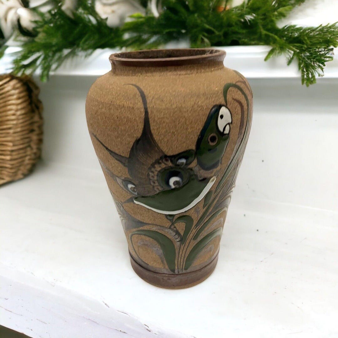 Vintage Hand Painted Folk Art Mexican Sandstone Pottery Vase Bird ...
