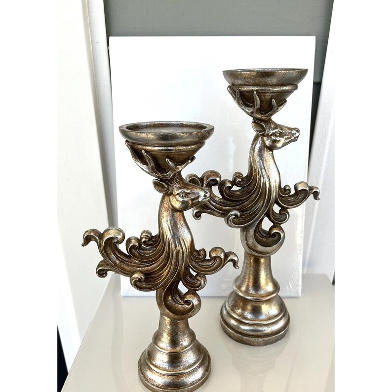 Stag Reindeer Candlestick Pair Gold/silver Patina Christmas Staggered ...
