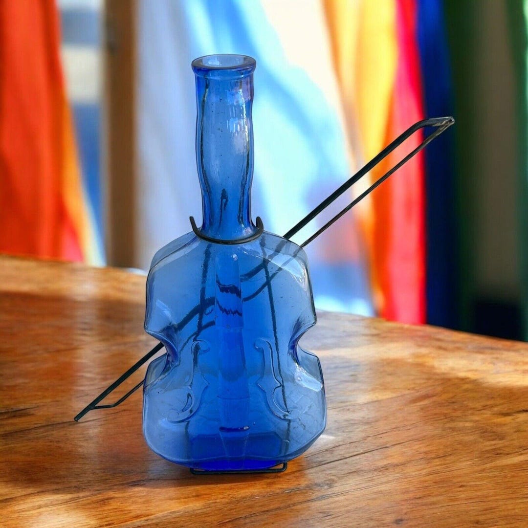 Vintage Blue Glass Musical Violin Instrument Bottle Vase W/attached ...
