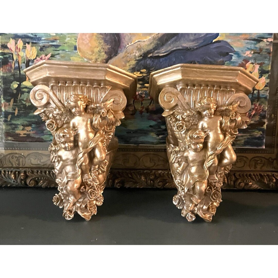Vintage Cherub Angel Wall Sconce Shelf Curtain Rod Holders Decor French ...