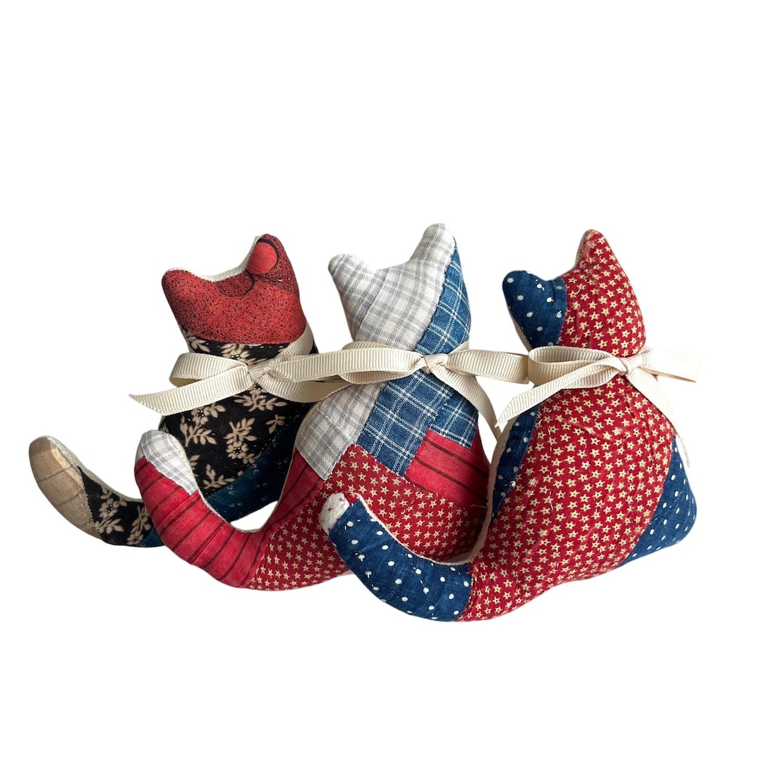 Vintage Patchwork Kitten Shelf Sitters: Handmade Calico Cat Set - Etsy