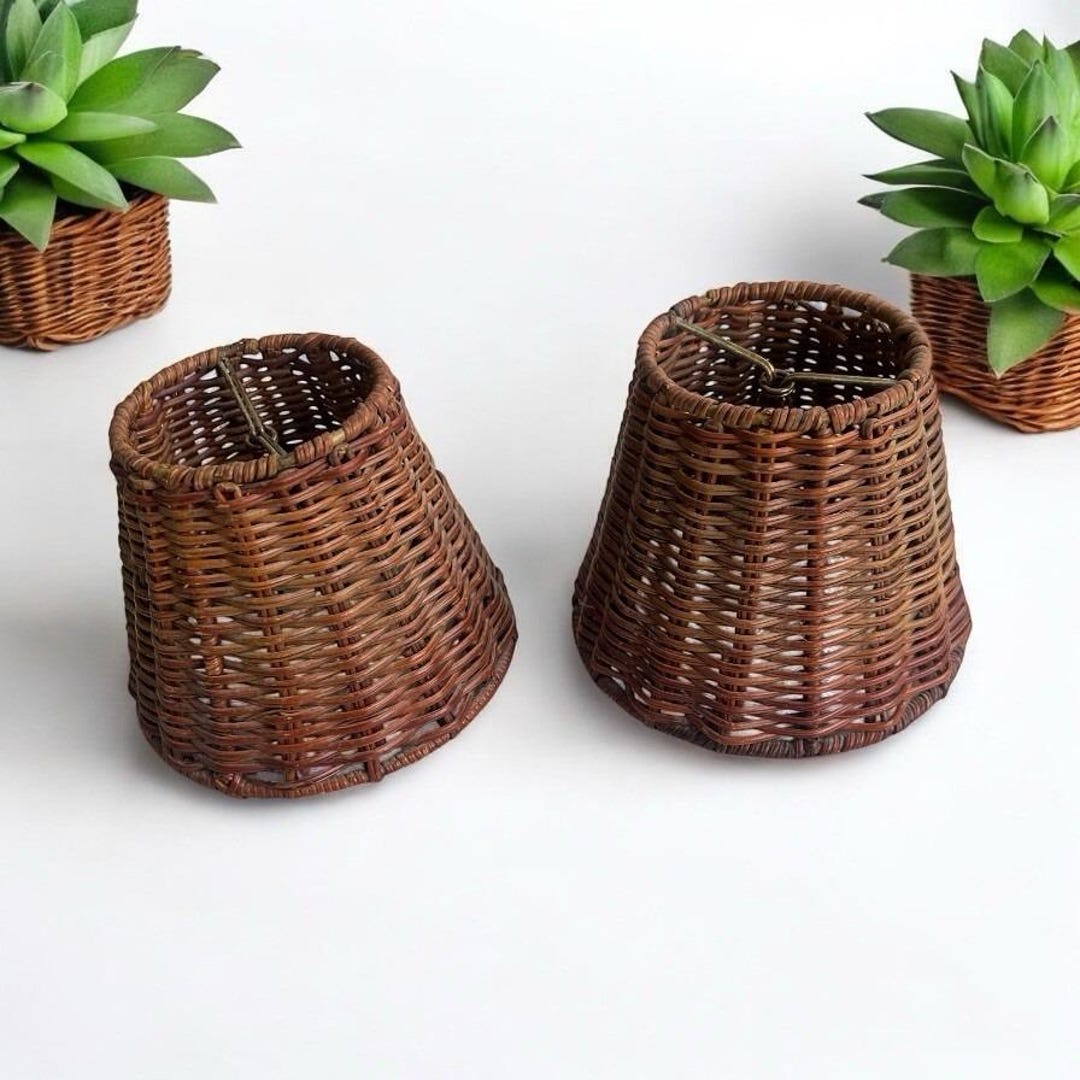 Rattan Wicker Mini Lamp Shades Vintage Set of 2 Cottagecore Boho ...