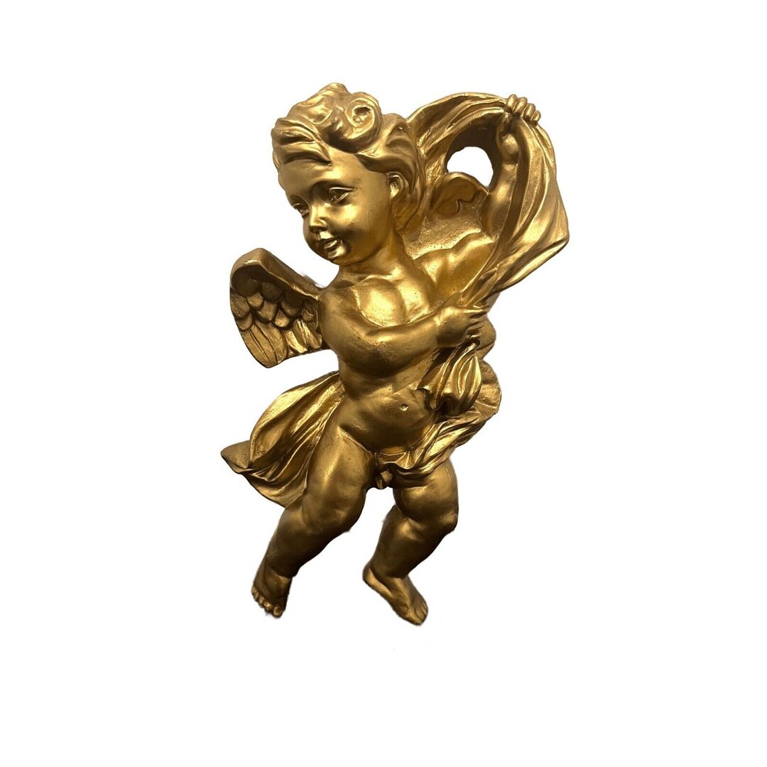 Vintage Cherub Angel Wall Plaque Hanging Decor Chalkware 8” Gold Gilded ...
