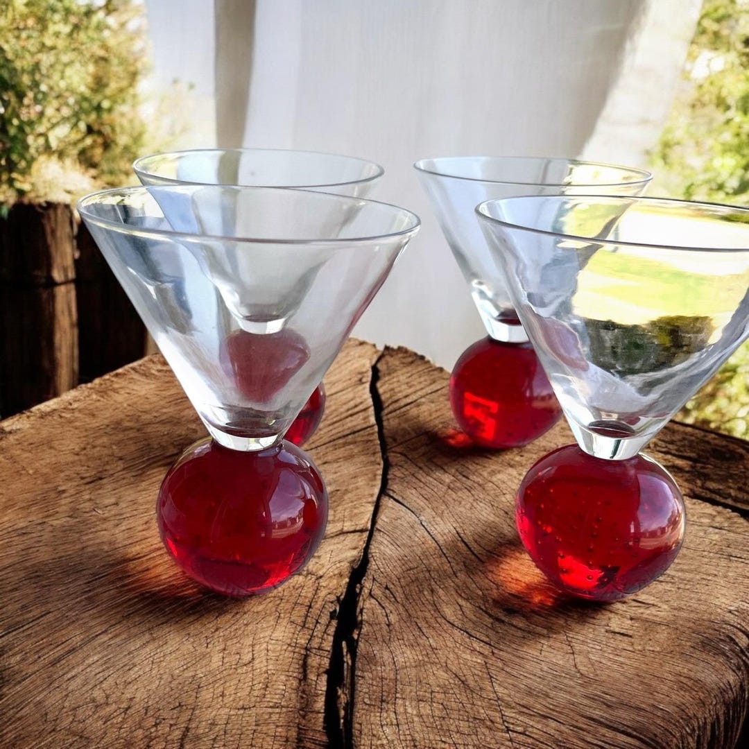 Ruby Red Martini Glass Set of 4 Hand Blown Bubble Base Vintage Barware ...
