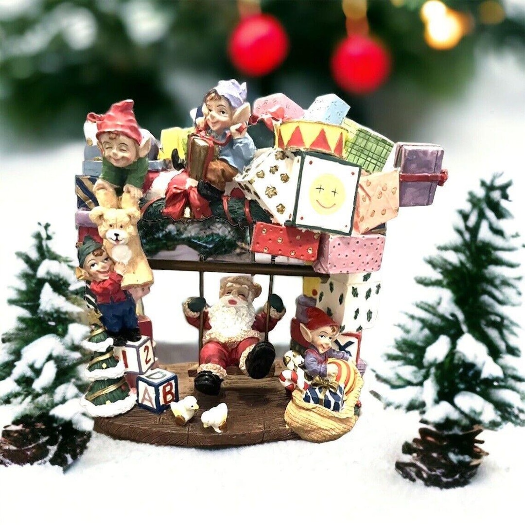 Musical Village Christmas Swinging Santa Music Box W/elves Toys Wind up ...