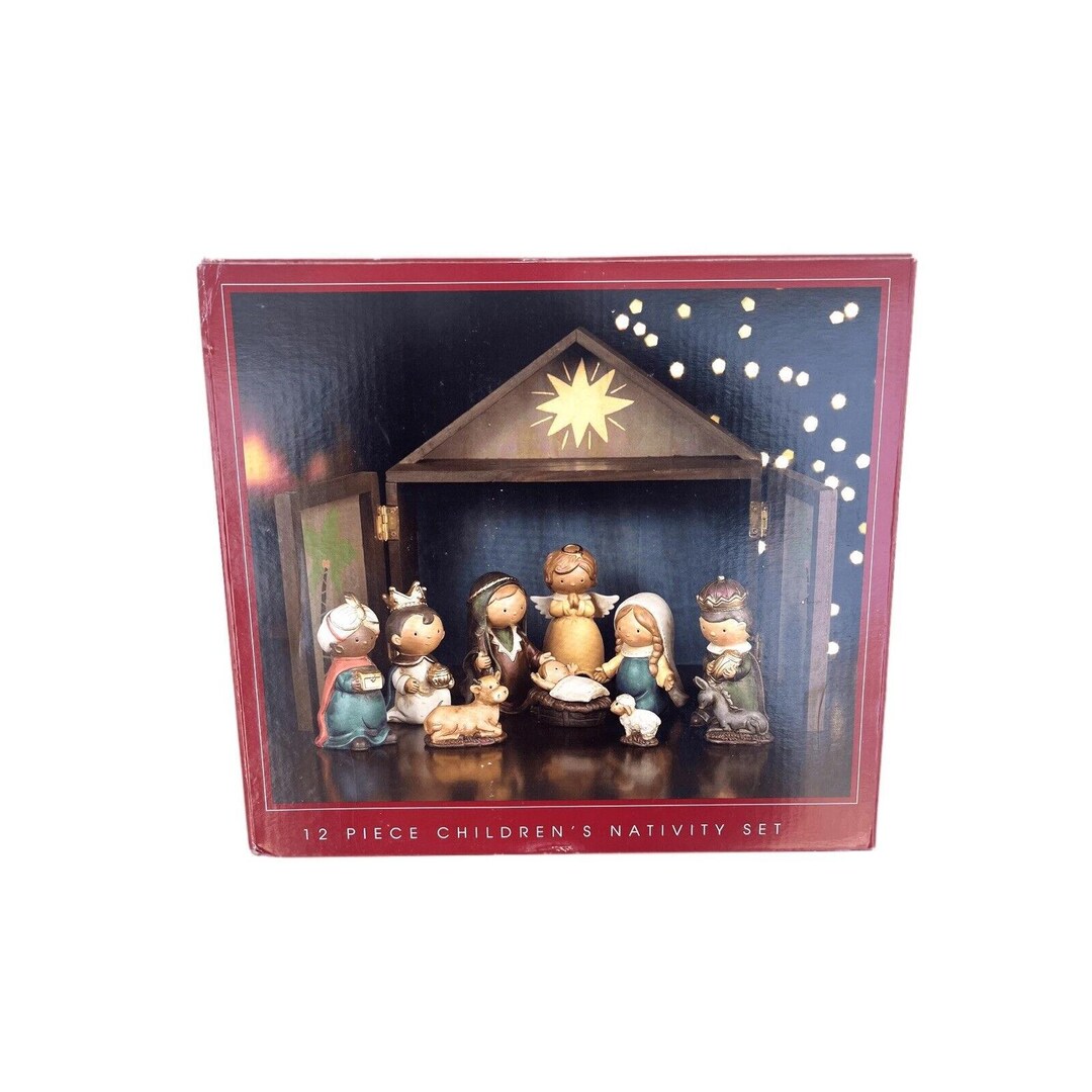 Children’s Vintage Porcelain Nativity Wooden Manger Box Complete North ...