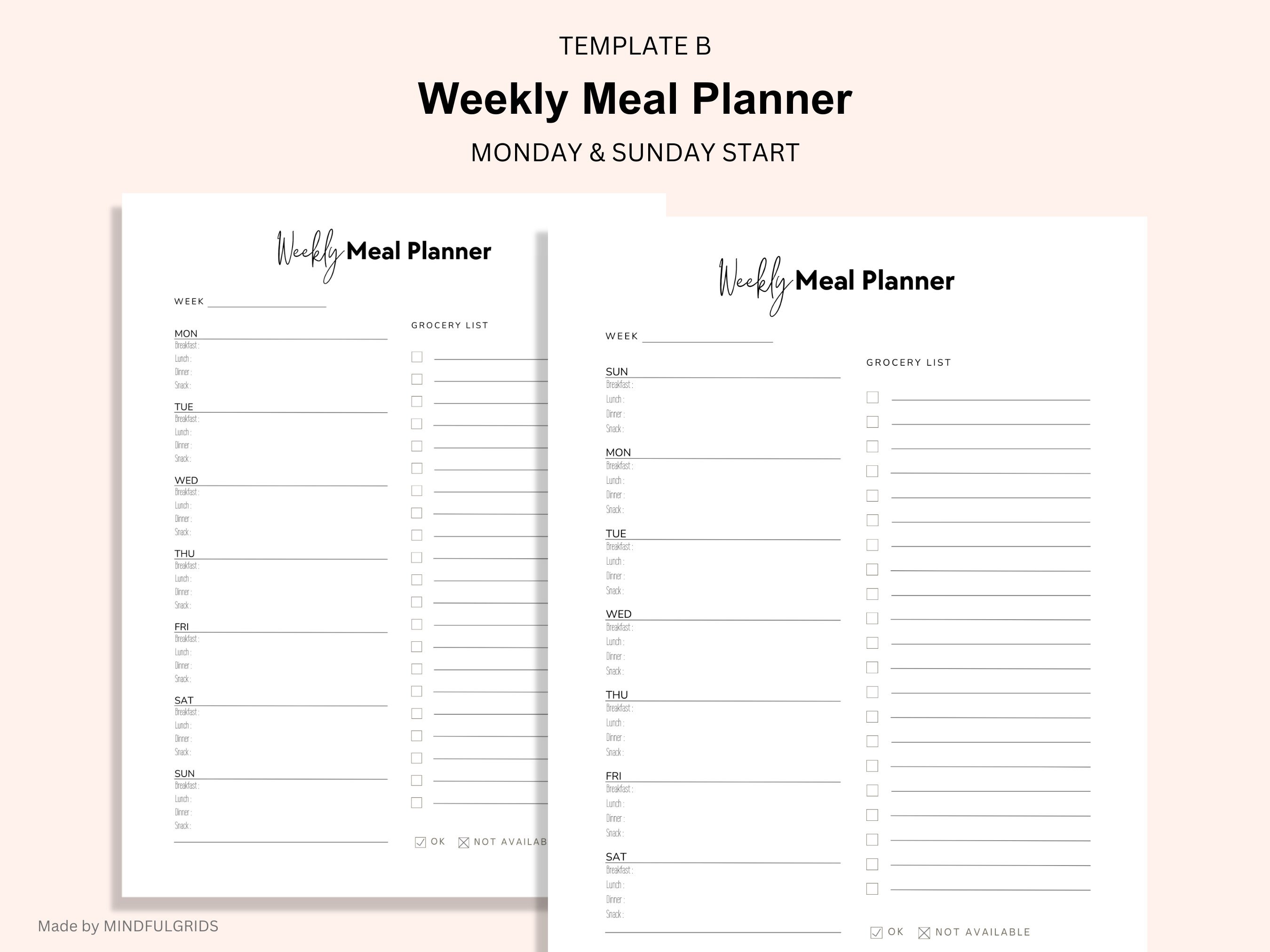 Printable Weekly Meal Planner, Grocery List, Food Diary, Meal Tracker ...
