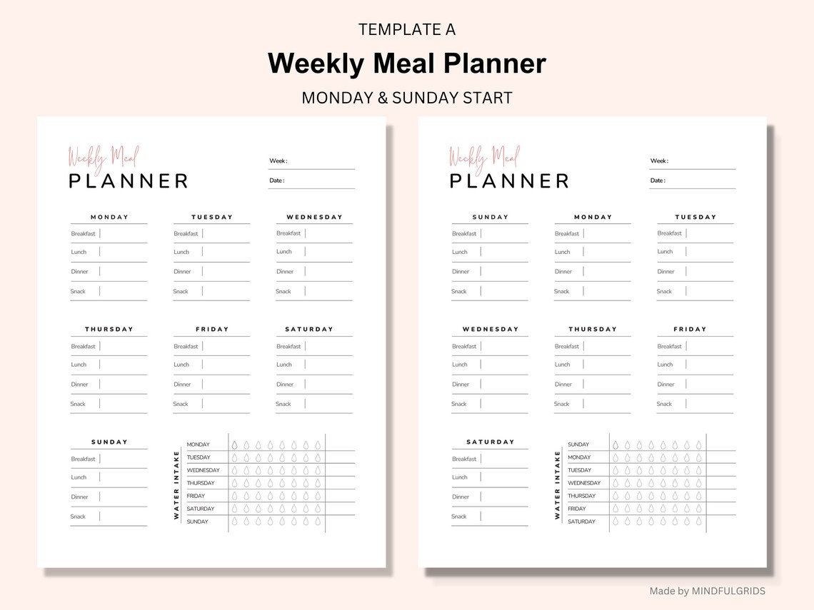 Printable Weekly Meal Planner, Grocery List, Food Diary, Meal Tracker ...