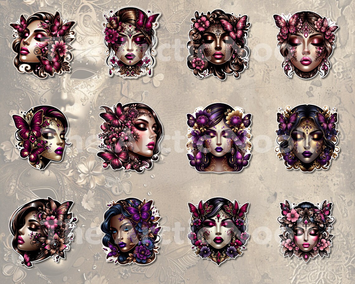 Bronze Butterfly Lady Stickers, Floral Portrait PNG SVG Bundle (digital ...