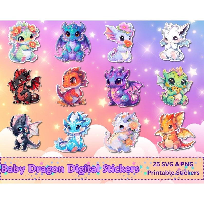 Baby Dragons PNG SVG Bundle, Printable Cute Baby Dragon Stickers ...