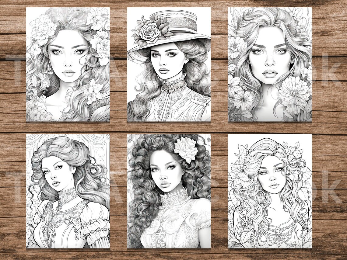 Pretty Ladies Greyscale Coloring Book, Printable Women Portraits ...