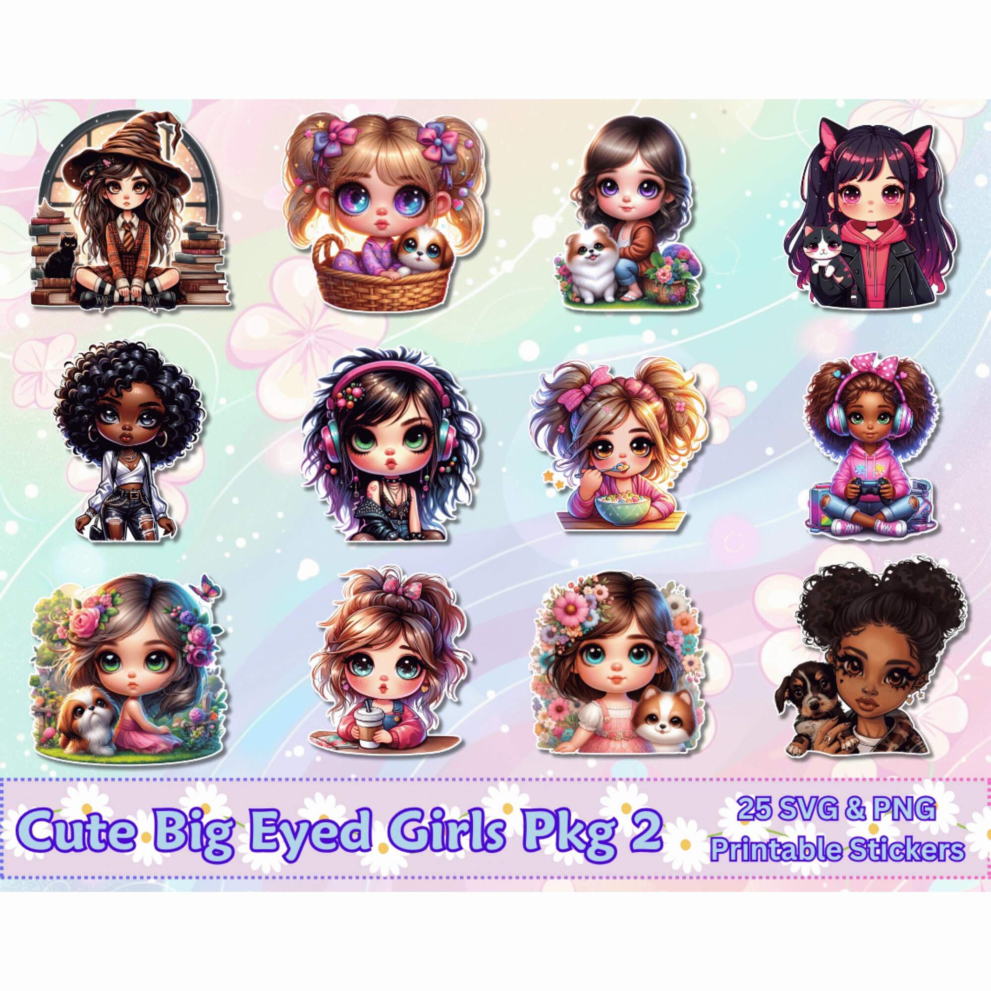 Cute Big Eye Girls Stickers, PNG SVG Bundle (digital Download) - Etsy