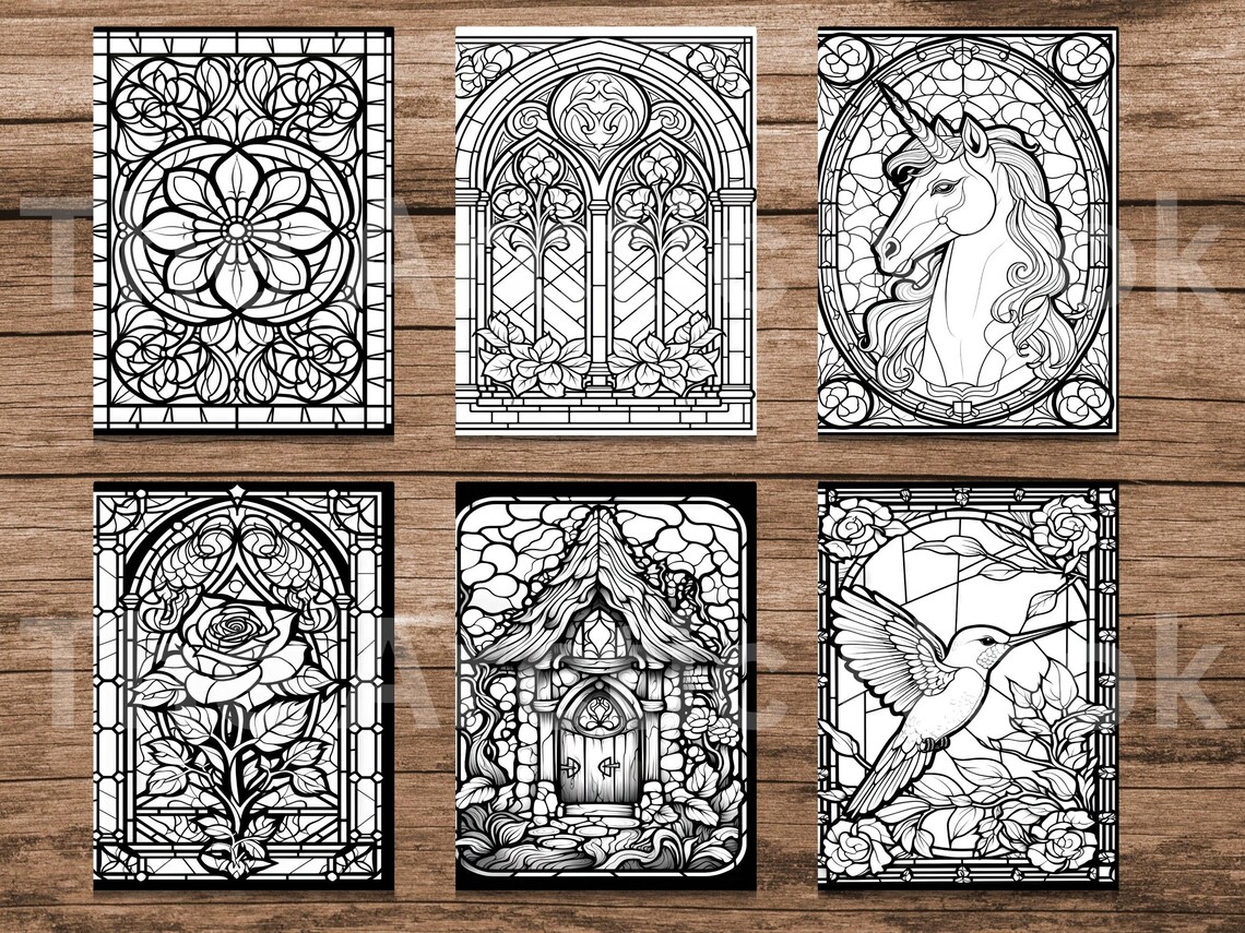 Stained Glass Coloring Book, Printable Beautiful Stained Glass Style ...