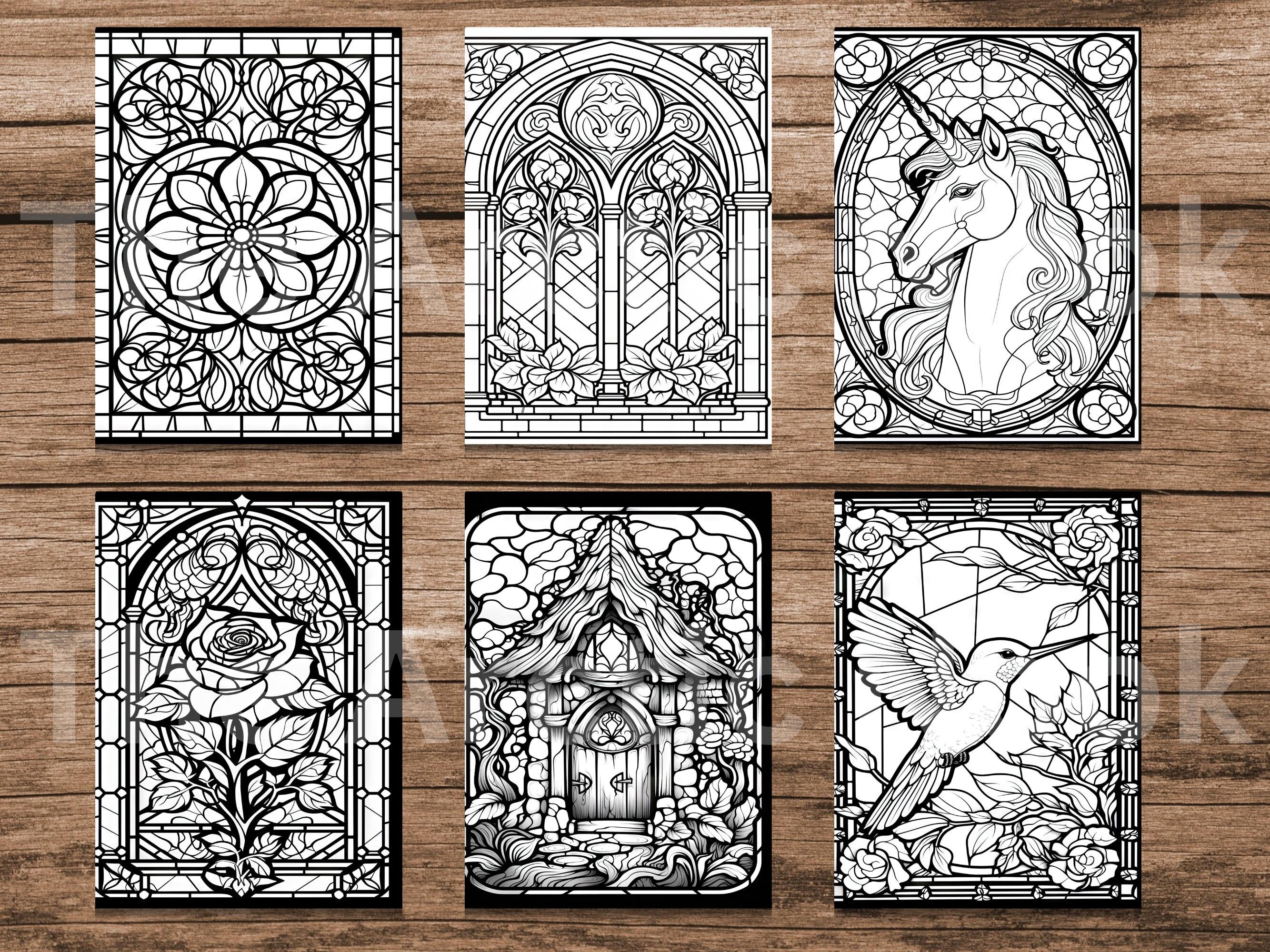 Stained Glass Coloring Book, Printable Beautiful Stained Glass Style ...