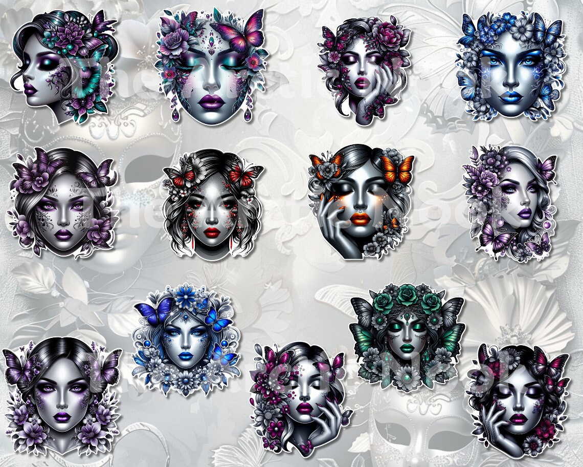 Silver Butterfly Lady Stickers, Detailed Floral Art (PNG SVG Bundle) - Etsy