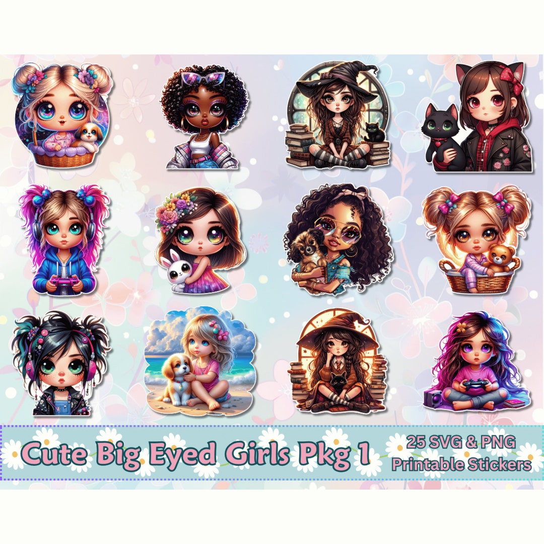Big Eye Girls Pkg 1, PNG SVG Bundle, Printable Cute Doll Like Girl ...