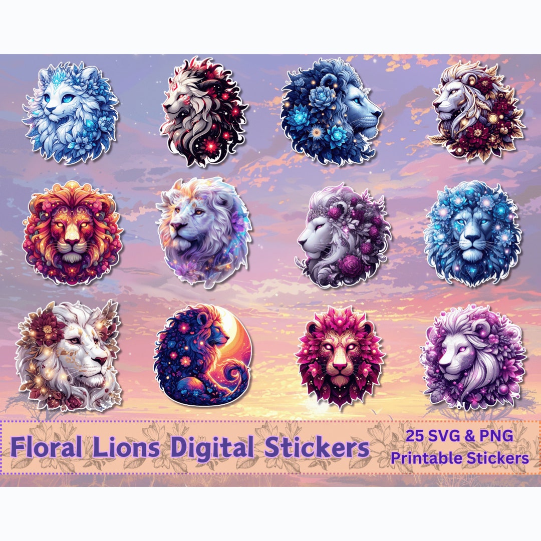 Floral Lions PNG SVG Bundle, Printable Beautiful Lion Stickers, Vibrant ...