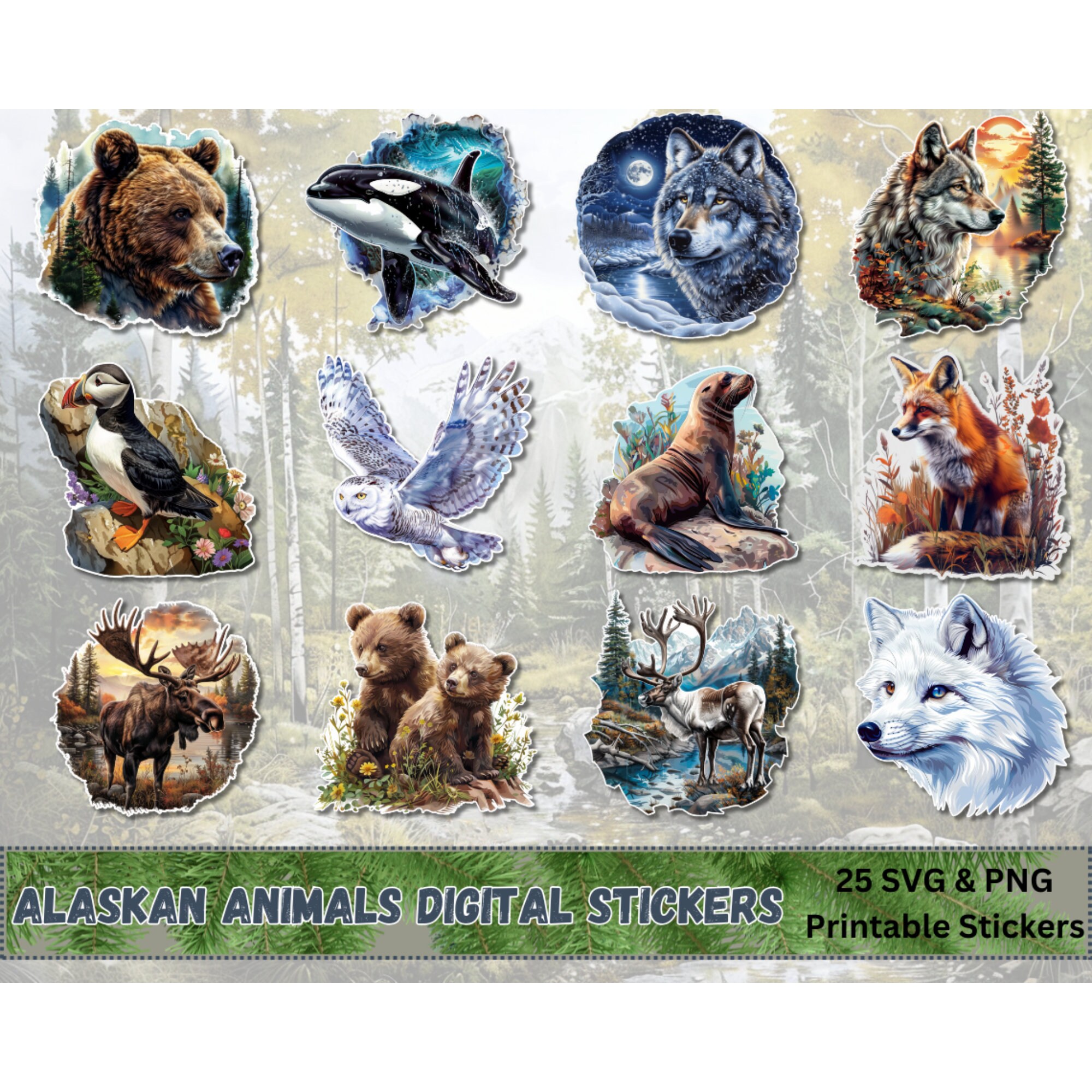 Alaskan Wildlife Stickers, Detailed Animal Illustrations (SVG, PNG ...