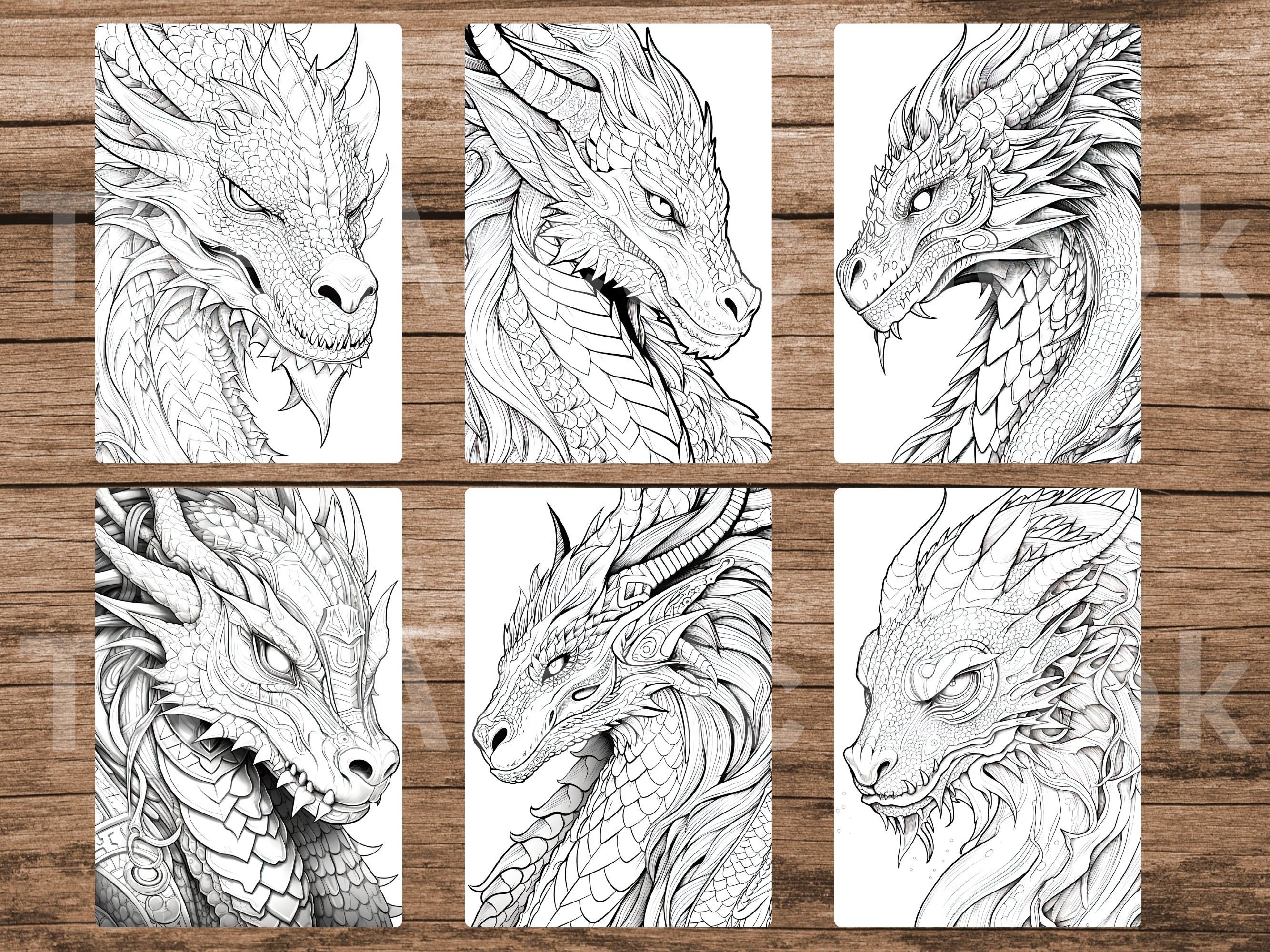 Fierce Dragon Faces Coloring Book, Greyscale Portraits (PDF Pattern) - Etsy