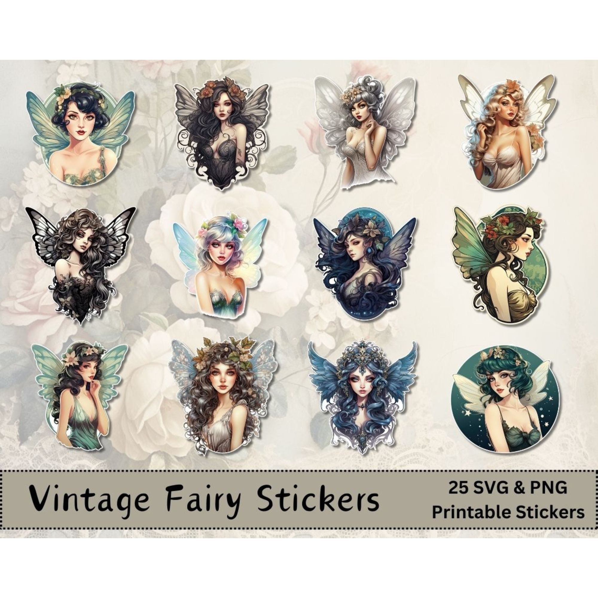 Vintage Style Fairy SVG PNG Bundle, Vintage Fairy Stickers, Beautiful ...