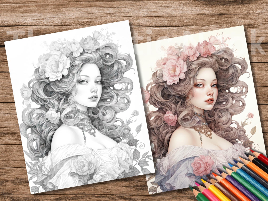Pretty Ladies Greyscale Coloring Book, Printable Women Portraits ...