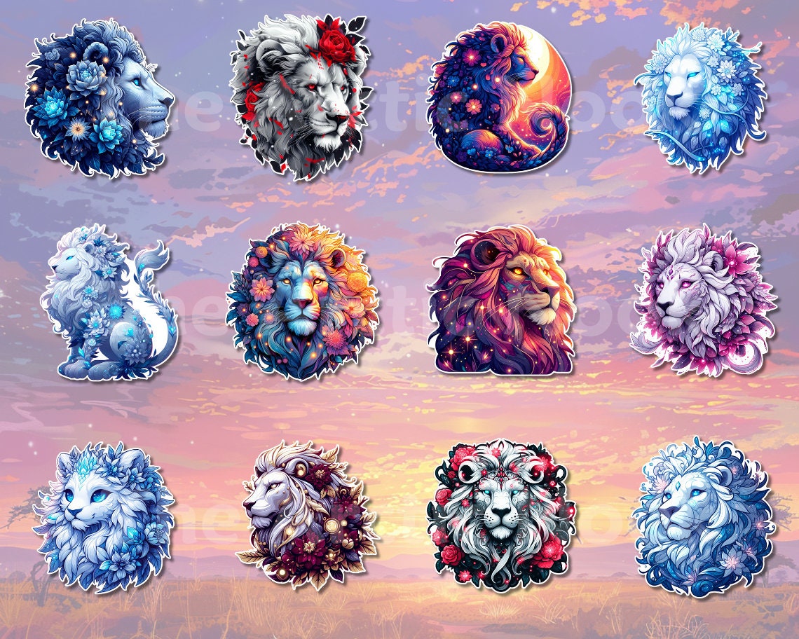 Floral Lions PNG SVG Bundle, Printable Beautiful Lion Stickers, Vibrant ...