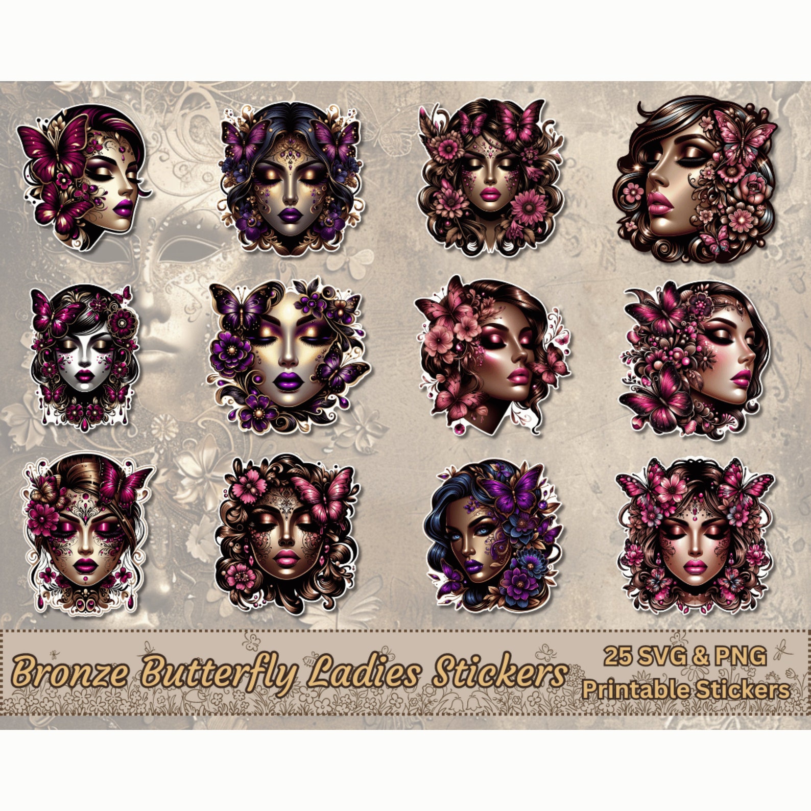 Bronze Butterfly Lady Stickers, Floral Portrait PNG SVG Bundle (digital ...