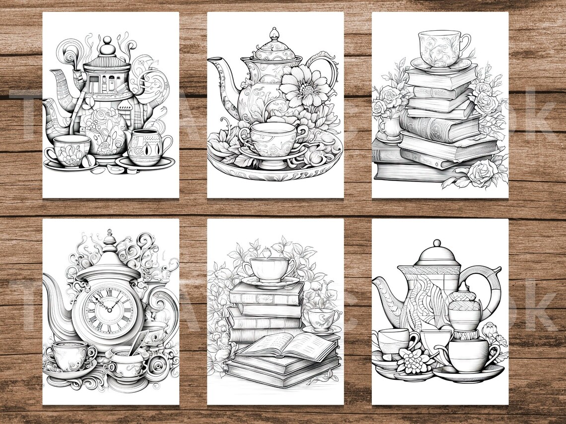 Whimsical Tea Sets Coloring Book, Printable Pretty Whimsical Tea Set ...