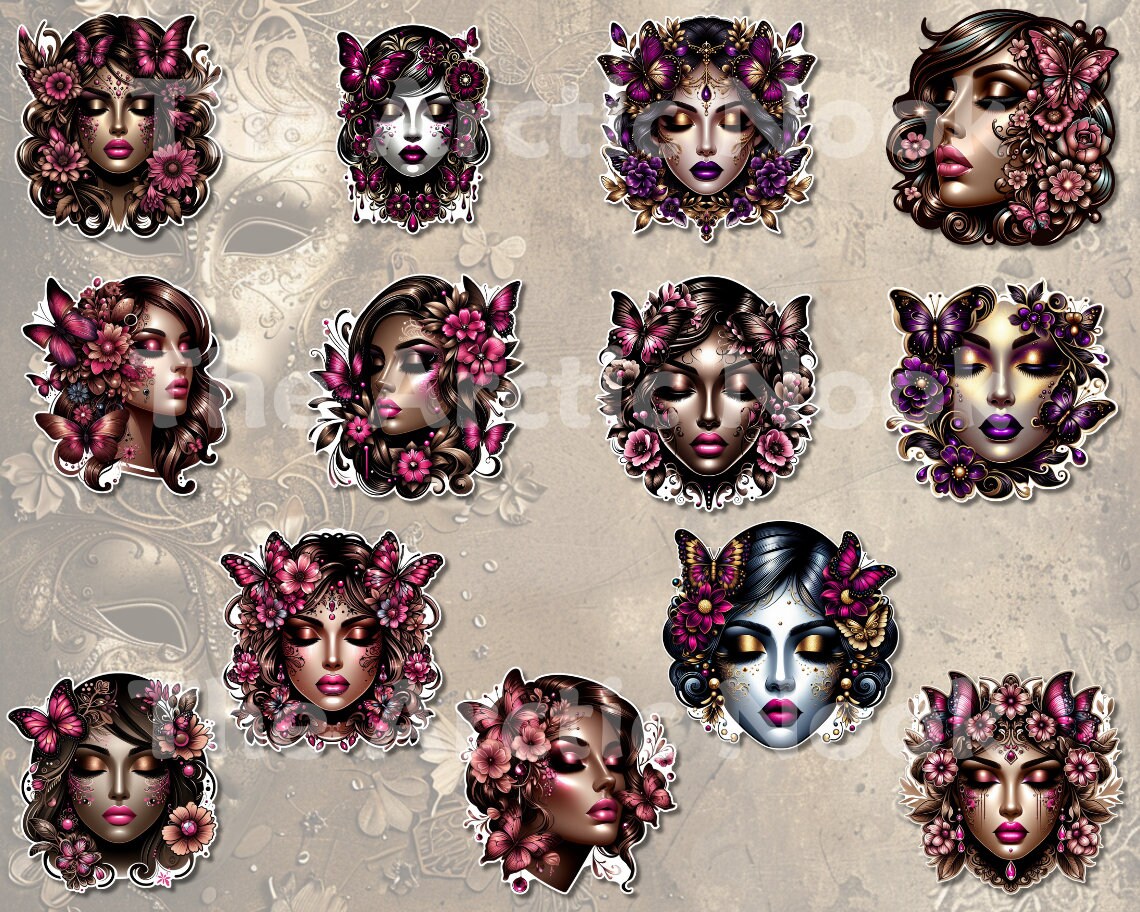 Bronze Butterfly Lady Stickers, Floral Portrait PNG SVG Bundle (digital ...
