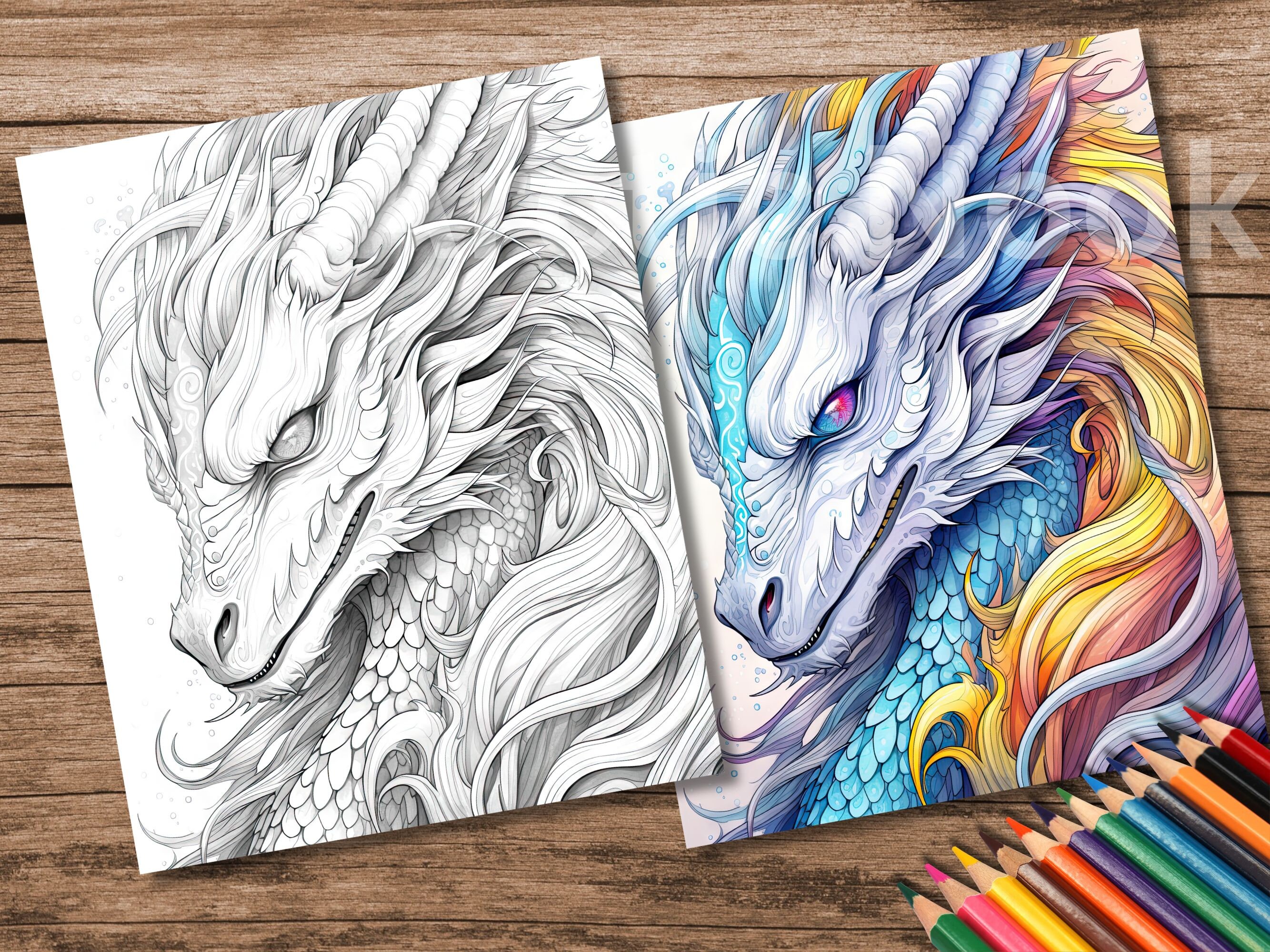 Fierce Dragon Faces Coloring Book, Greyscale Portraits (PDF Pattern) - Etsy