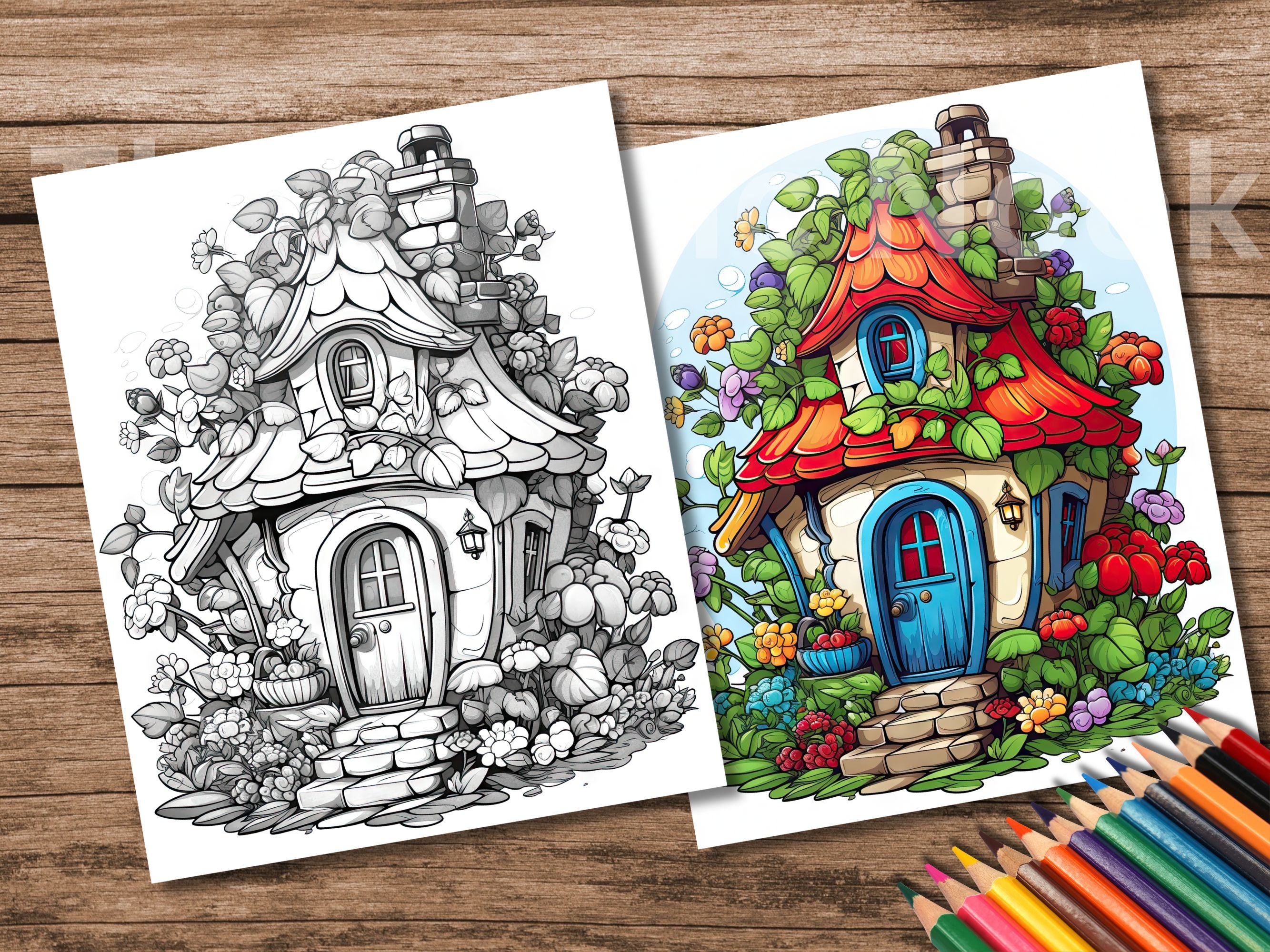 Fairy Houses Coloring Book, Printable Adorable Cozy Fairy House ...