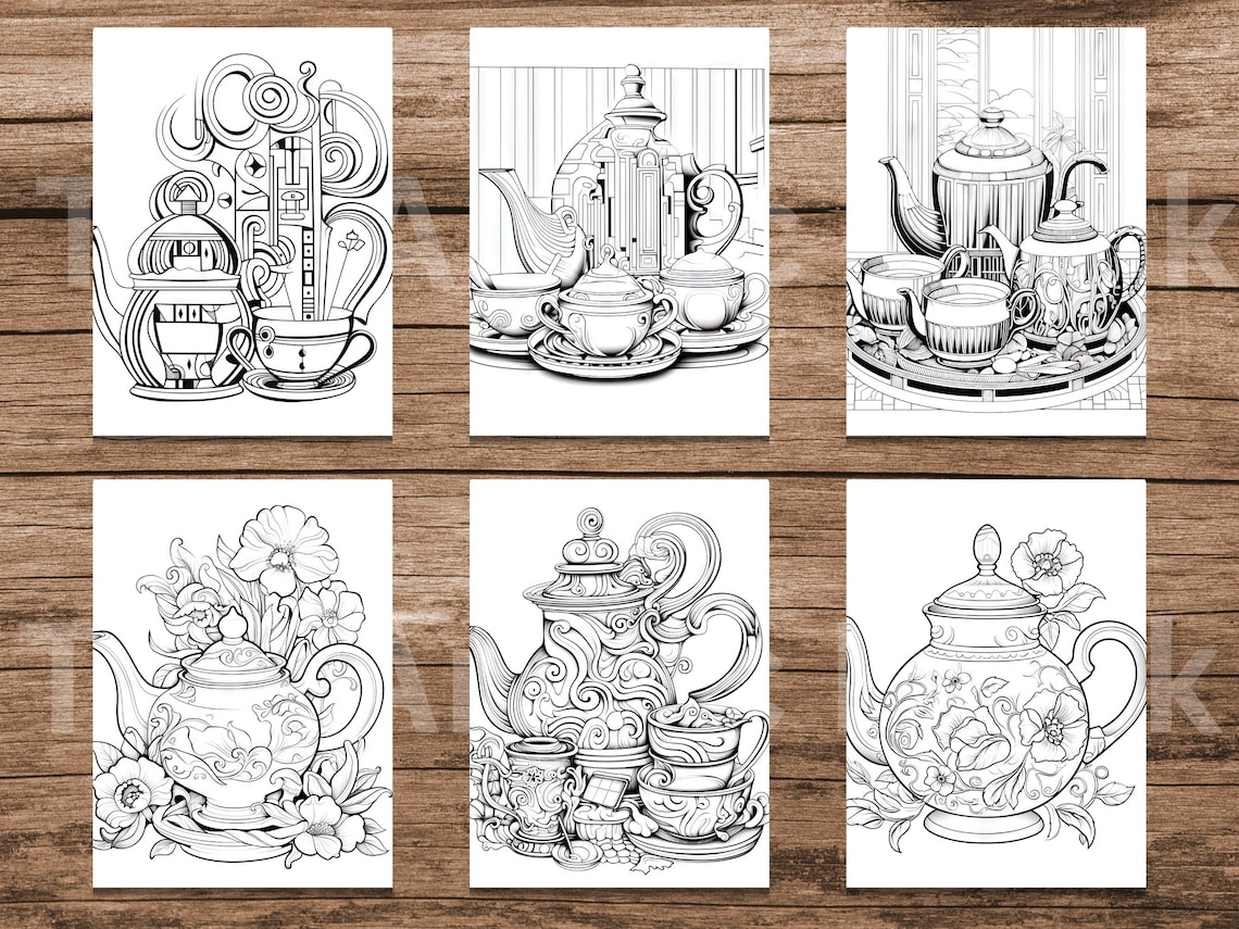 Whimsical Tea Sets Coloring Book, Printable Pretty Whimsical Tea Set ...